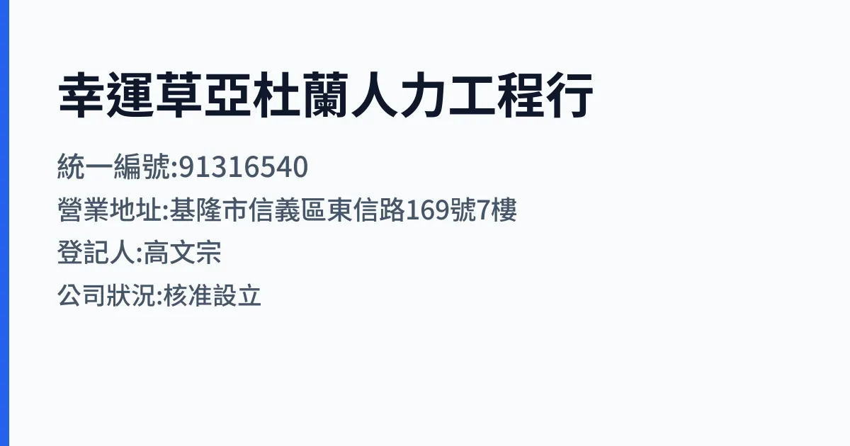 幸運草亞杜蘭人力工程行 - 統編 91316540(新北市) 公司登記資料與營業項目詳細圖表