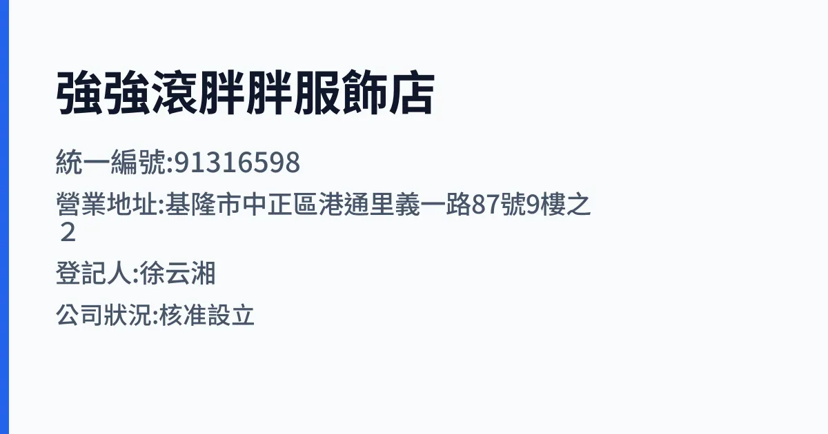 強強滾胖胖服飾店 - 統編 91316598(基隆市) 公司登記資料與營業項目詳細圖表