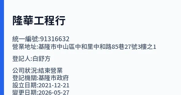 隆華工程行的照片-統編 91316632(基隆市) 公司登記資料與營業項目詳細圖表