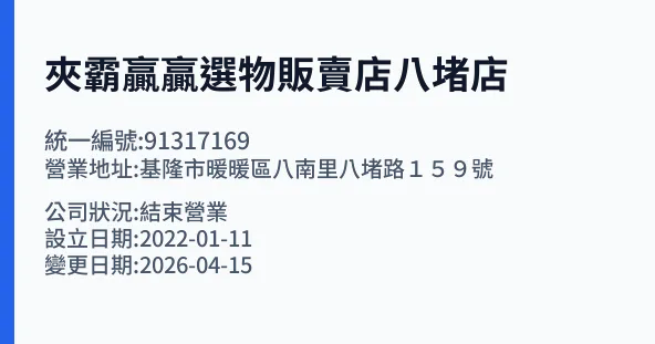 夾霸贏贏選物販賣店八堵店的照片-統編 91317169(基隆市) 公司登記資料與營業項目詳細圖表