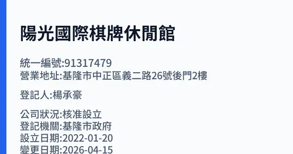 陽光國際棋牌休閒館的照片-統編 91317479(基隆市) 公司登記資料與營業項目詳細圖表