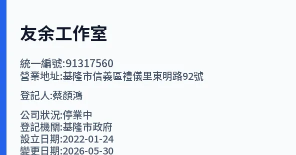 友余工作室的照片-統編 91317560(基隆市) 公司登記資料與營業項目詳細圖表