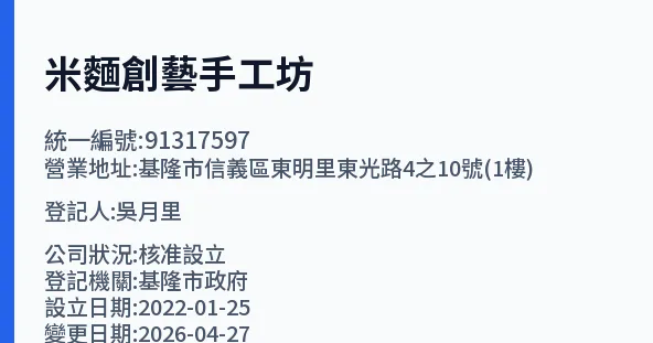 米麵創藝手工坊的照片-統編 91317597(基隆市) 公司登記資料與營業項目詳細圖表