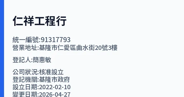 仁祥工程行的照片-統編 91317793(基隆市) 公司登記資料與營業項目詳細圖表