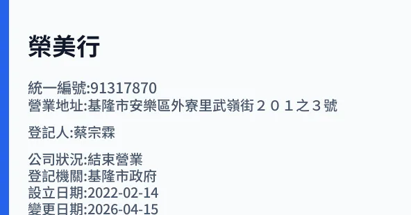 榮美行的照片-統編 91317870(基隆市) 公司登記資料與營業項目詳細圖表