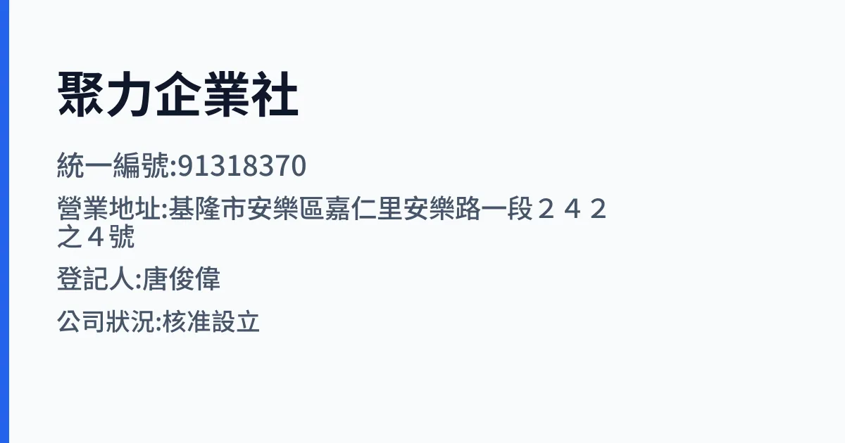 聚力企業社 - 統編 91318370(基隆市) 公司登記資料與營業項目詳細圖表