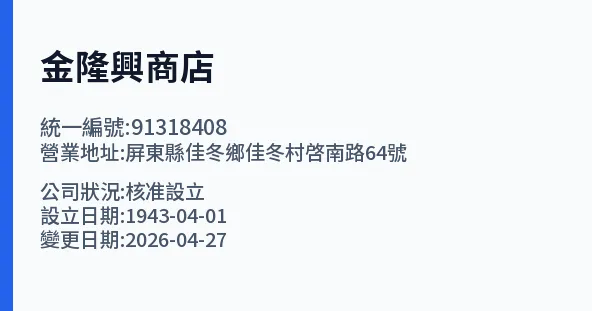 金隆興商店的照片-統編 91318408(屏東縣) 公司登記資料與營業項目詳細圖表