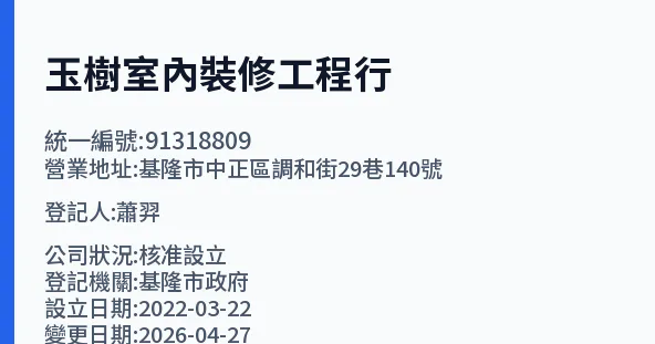 玉樹室內裝修工程行的照片-統編 91318809(基隆市) 公司登記資料與營業項目詳細圖表