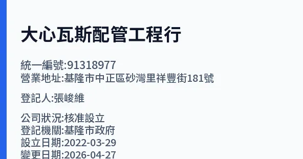 大心瓦斯配管工程行的照片-統編 91318977(基隆市) 公司登記資料與營業項目詳細圖表