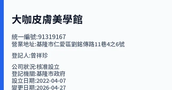 大咖皮膚美學館的照片-統編 91319167(基隆市) 公司登記資料與營業項目詳細圖表
