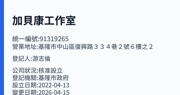 加貝康工作室的照片-統編 91319265(基隆市) 公司登記資料與營業項目詳細圖表