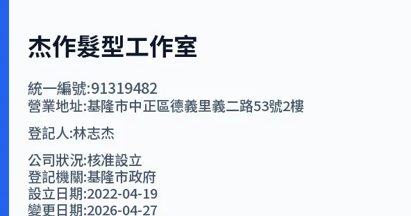 杰作髮型工作室的照片-統編 91319482(基隆市) 公司登記資料與營業項目詳細圖表