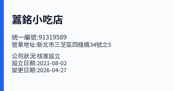 䕒銘小吃店的照片-統編 91319589(新北市) 公司登記資料與營業項目詳細圖表