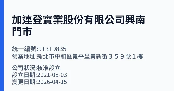 加連登實業股份有限公司興南門市的照片-統編 91319835(新北市) 公司登記資料與營業項目詳細圖表
