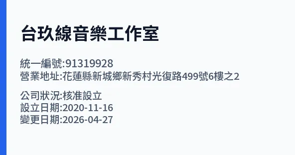 台玖線音樂工作室的照片-統編 91319928(花蓮縣) 公司登記資料與營業項目詳細圖表