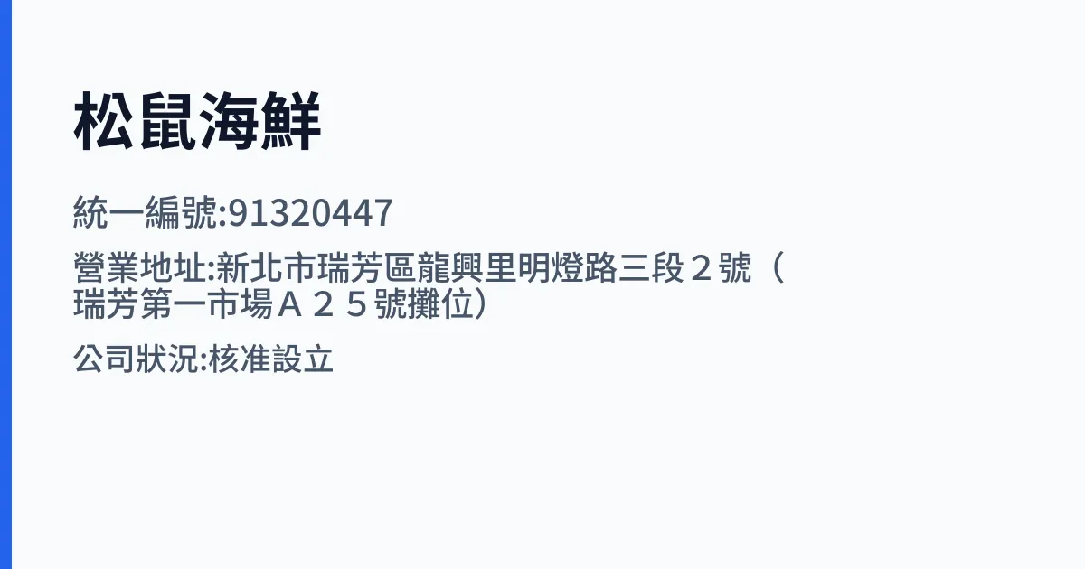 松鼠海鮮 - 統編 91320447(新北市) 公司登記資料與營業項目詳細圖表
