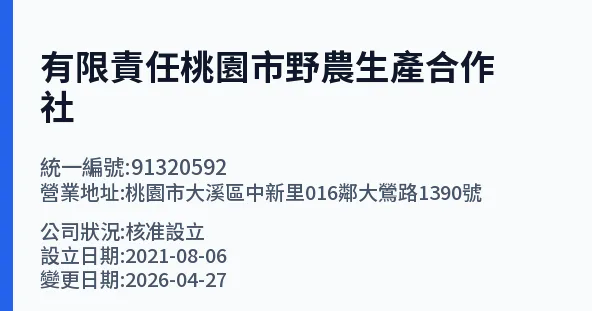 有限責任桃園市野農生產合作社的照片-統編 91320592(桃園市) 公司登記資料與營業項目詳細圖表
