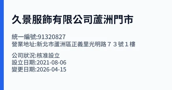 久景服飾有限公司蘆洲門市的照片-統編 91320827(新北市) 公司登記資料與營業項目詳細圖表
