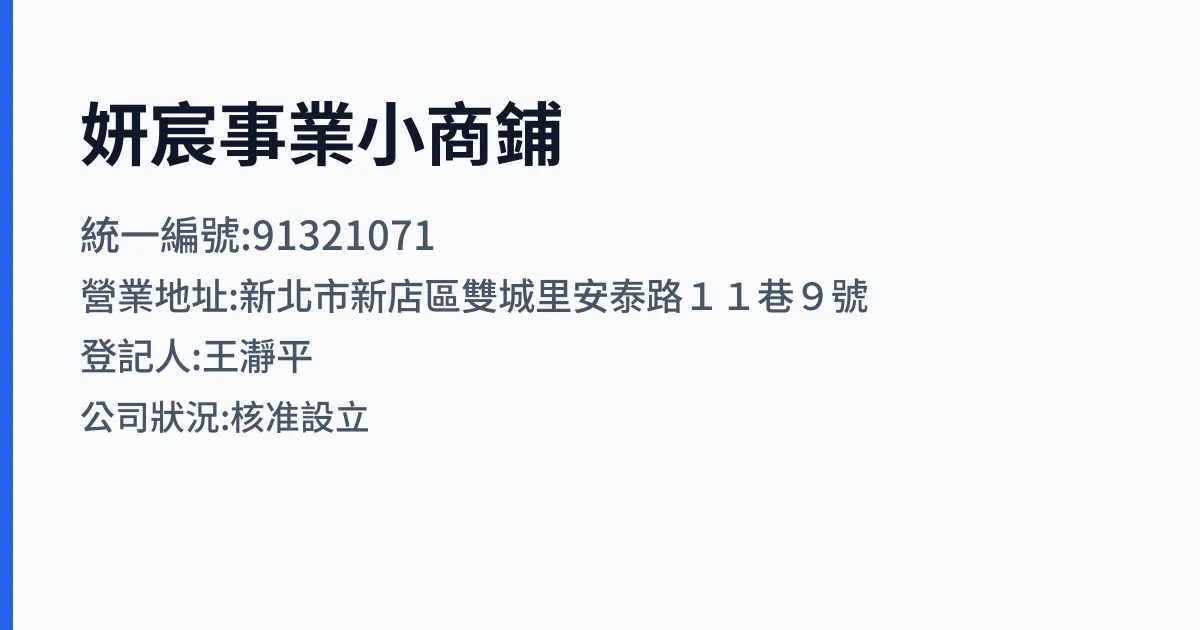 妍宸事業小商鋪 - 統編 91321071(新北市) 公司登記資料與營業項目詳細圖表
