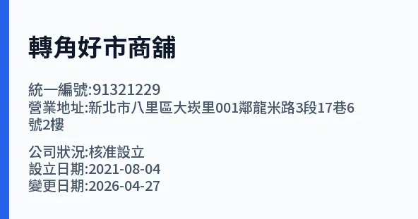 轉角好市商舖的照片-統編 91321229(新北市) 公司登記資料與營業項目詳細圖表