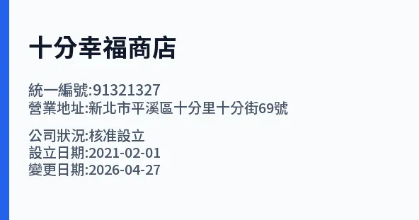 十分幸福商店的照片-統編 91321327(新北市) 公司登記資料與營業項目詳細圖表