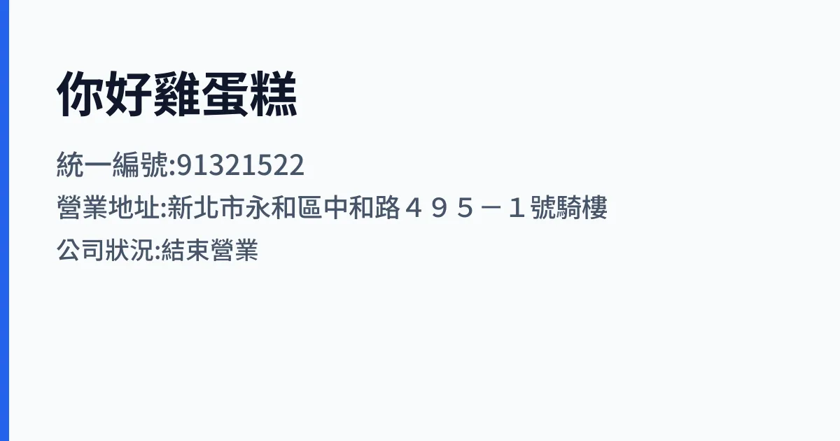 你好雞蛋糕 - 統編 91321522(新北市) 公司登記資料與營業項目詳細圖表