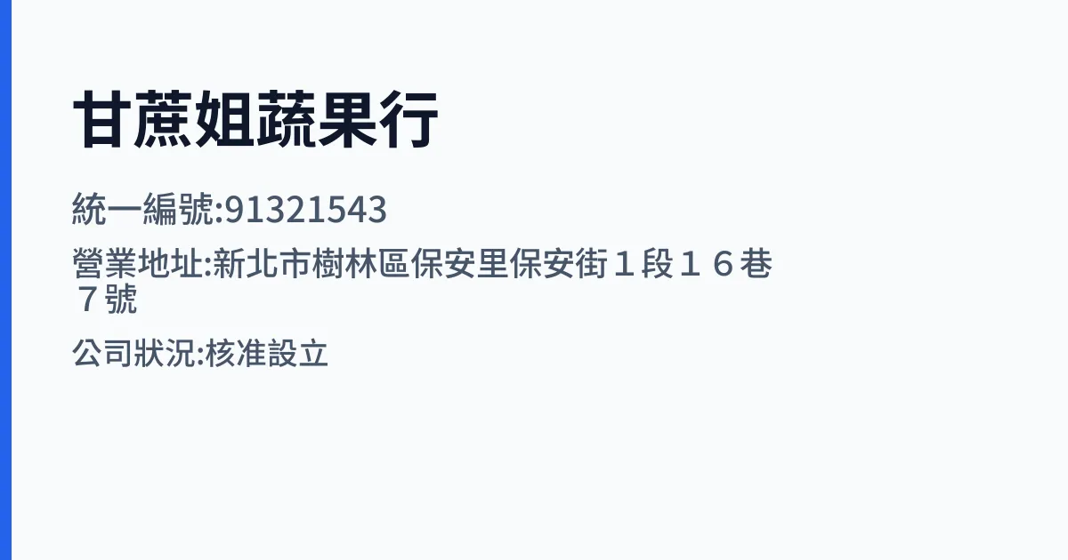 甘蔗姐蔬果行 - 統編 91321543(新北市) 公司登記資料與營業項目詳細圖表