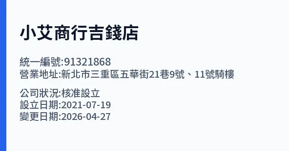 小艾商行吉錢店的照片-統編 91321868(新北市) 公司登記資料與營業項目詳細圖表