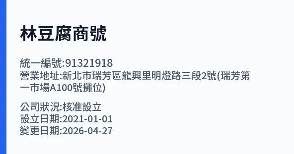 林豆腐商號的照片-統編 91321918(新北市) 公司登記資料與營業項目詳細圖表