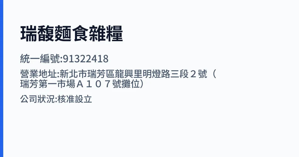 瑞馥麵食雜糧 - 統編 91322418(新北市) 公司登記資料與營業項目詳細圖表