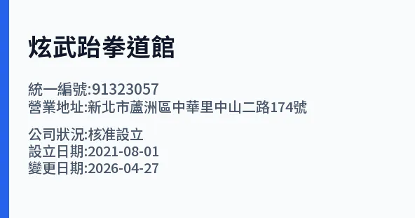 炫武跆拳道館的照片-統編 91323057(新北市) 公司登記資料與營業項目詳細圖表