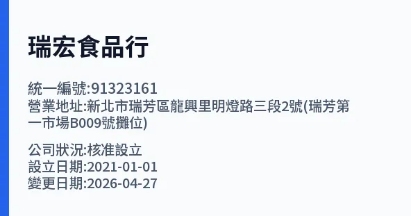 瑞宏食品行的照片-統編 91323161(新北市) 公司登記資料與營業項目詳細圖表