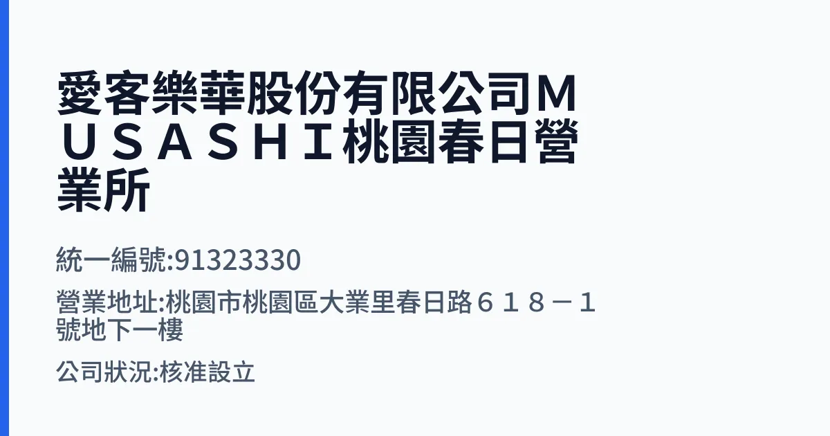 愛客樂華股份有限公司MUSASHI桃園春日營業所 - 統編 91323330(桃園市) 公司登記資料與營業項目詳細圖表