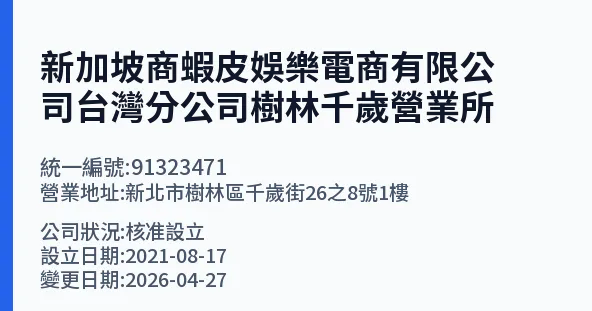新加坡商蝦皮娛樂電商有限公司台灣分公司樹林千歲營業所的照片-統編 91323471(新北市) 公司登記資料與營業項目詳細圖表