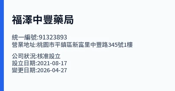 福澤中豐藥局的照片-統編 91323893(桃園市) 公司登記資料與營業項目詳細圖表