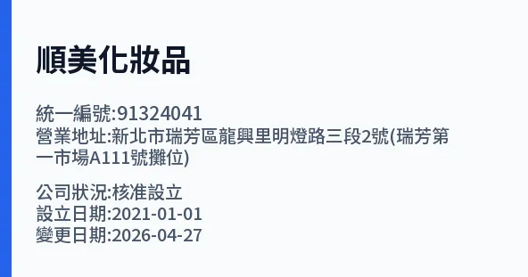 順美化妝品的照片-統編 91324041(新北市) 公司登記資料與營業項目詳細圖表