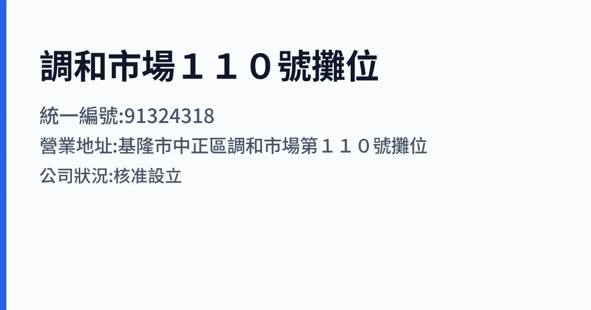 調和市場110號攤位 - 統編 91324318(基隆市) 公司登記資料與營業項目詳細圖表