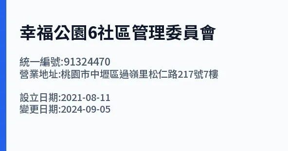 幸福公園6社區管理委員會的照片-統編 91324470(桃園市) 公司登記資料與營業項目詳細圖表