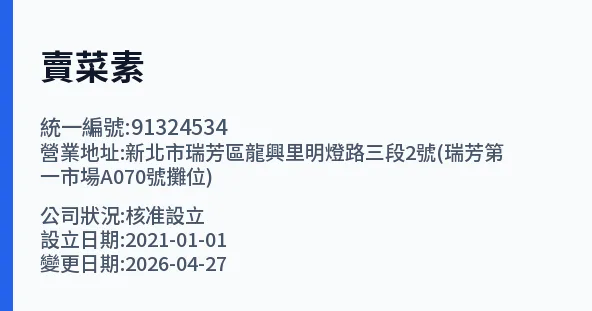 賣菜素的照片-統編 91324534(新北市) 公司登記資料與營業項目詳細圖表