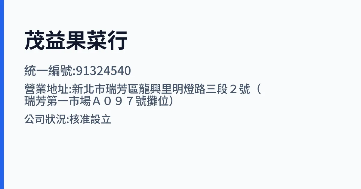 茂益果菜行 - 統編 91324540(新北市) 公司登記資料與營業項目詳細圖表