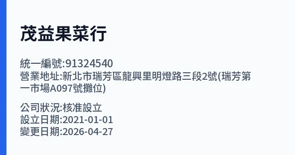 茂益果菜行的照片-統編 91324540(新北市) 公司登記資料與營業項目詳細圖表