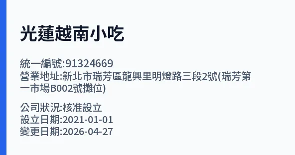 光蓮越南小吃的照片-統編 91324669(新北市) 公司登記資料與營業項目詳細圖表