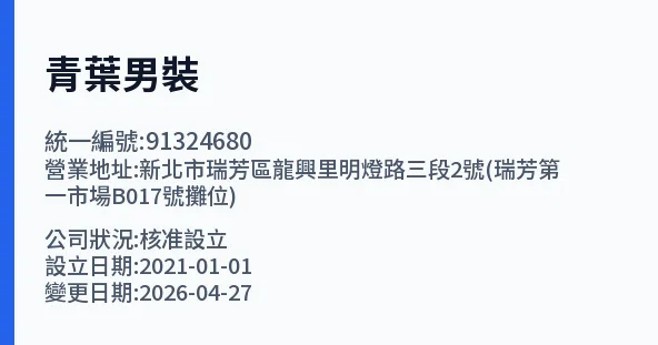 青葉男裝的照片-統編 91324680(新北市) 公司登記資料與營業項目詳細圖表
