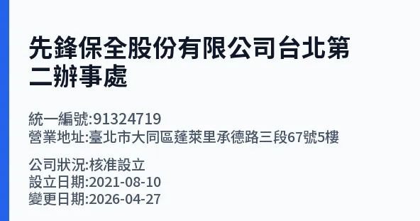 先鋒保全股份有限公司台北第二辦事處的照片-統編 91324719(臺北市) 公司登記資料與營業項目詳細圖表