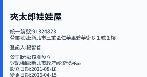 夾太郎娃娃屋的照片-統編 91324823(新北市) 公司登記資料與營業項目詳細圖表