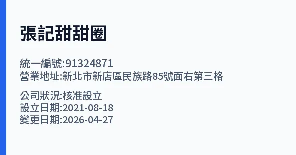 張記甜甜圈的照片-統編 91324871(新北市) 公司登記資料與營業項目詳細圖表