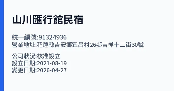山川匯行館民宿的照片-統編 91324936(花蓮縣) 公司登記資料與營業項目詳細圖表