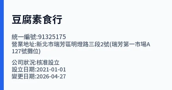 豆腐素食行的照片-統編 91325175(新北市) 公司登記資料與營業項目詳細圖表