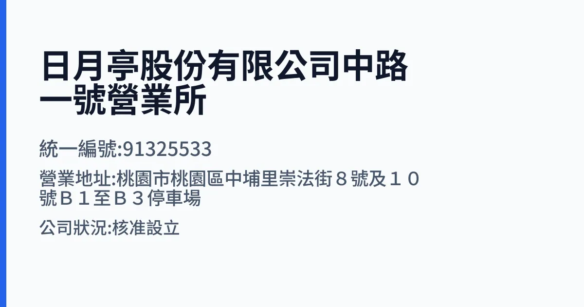 日月亭股份有限公司中路一號營業所 - 統編 91325533(桃園市) 公司登記資料與營業項目詳細圖表