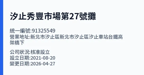 汐止秀豐市場第27號攤的照片-統編 91325549(新北市) 公司登記資料與營業項目詳細圖表